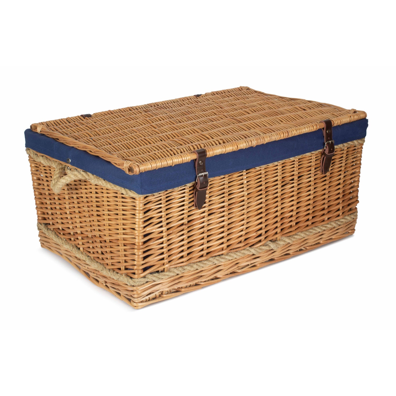 28 Inch Rope Handled Willow Hamper Trunk with Navy Blue Lining & Wovenhill