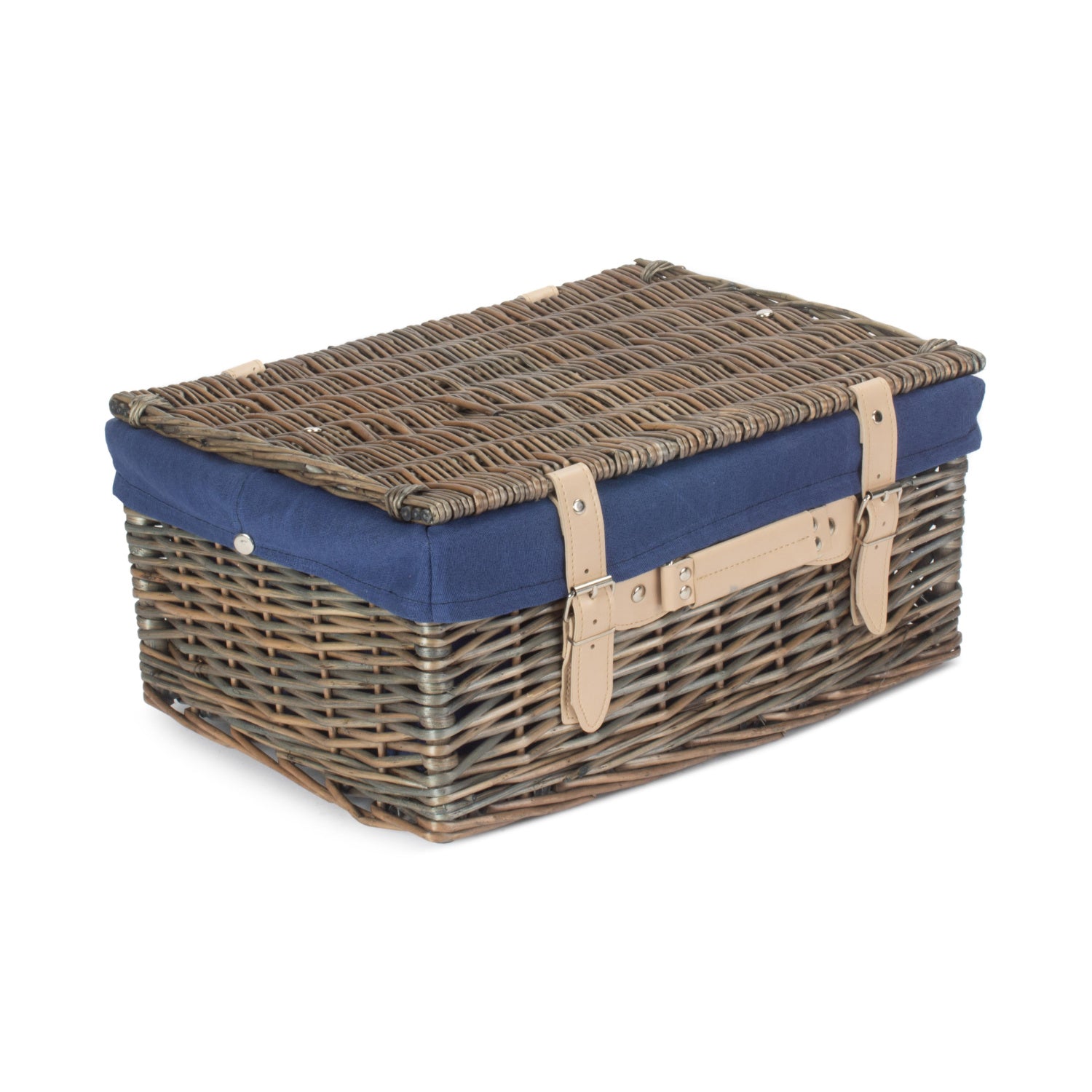 16 Inch Antique Wash Willow Hamper with Navy Blue Lining & Wovenhill