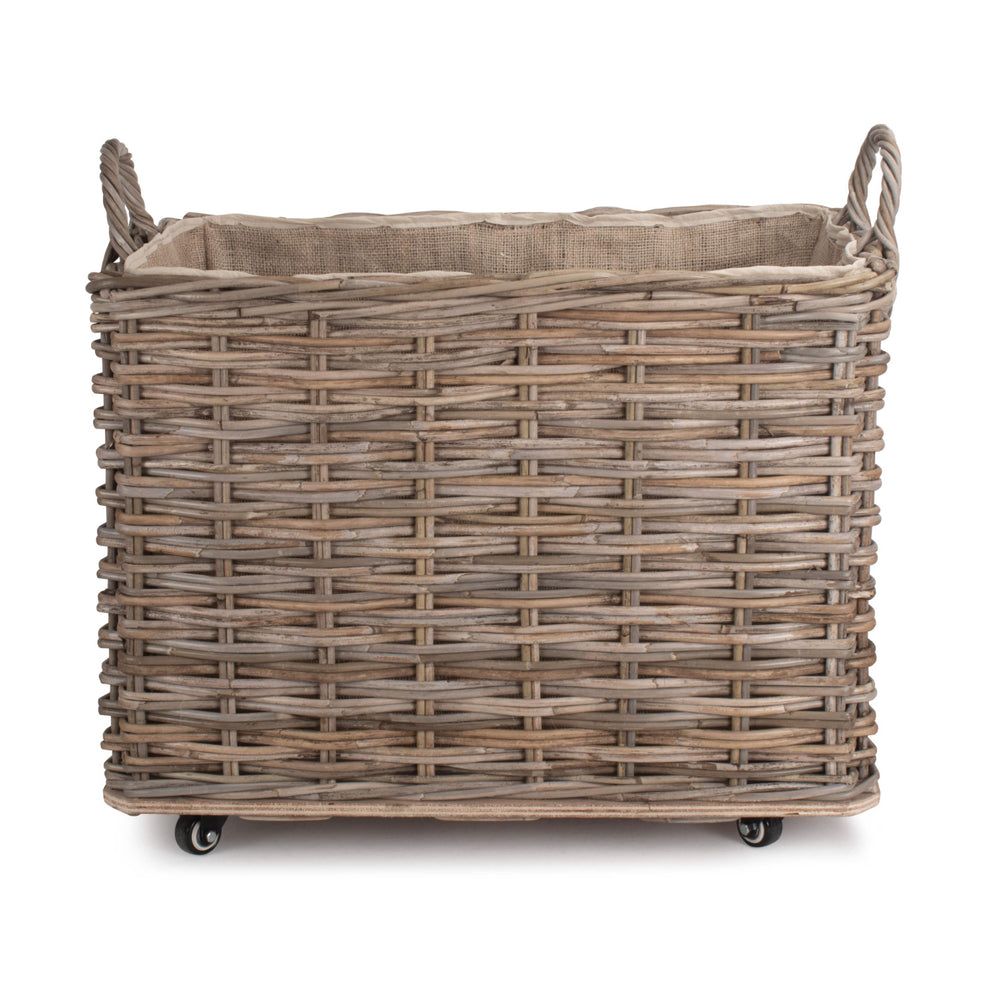 Small Wheeled Rattan Hessian Lined Log Basket & Wovenhill