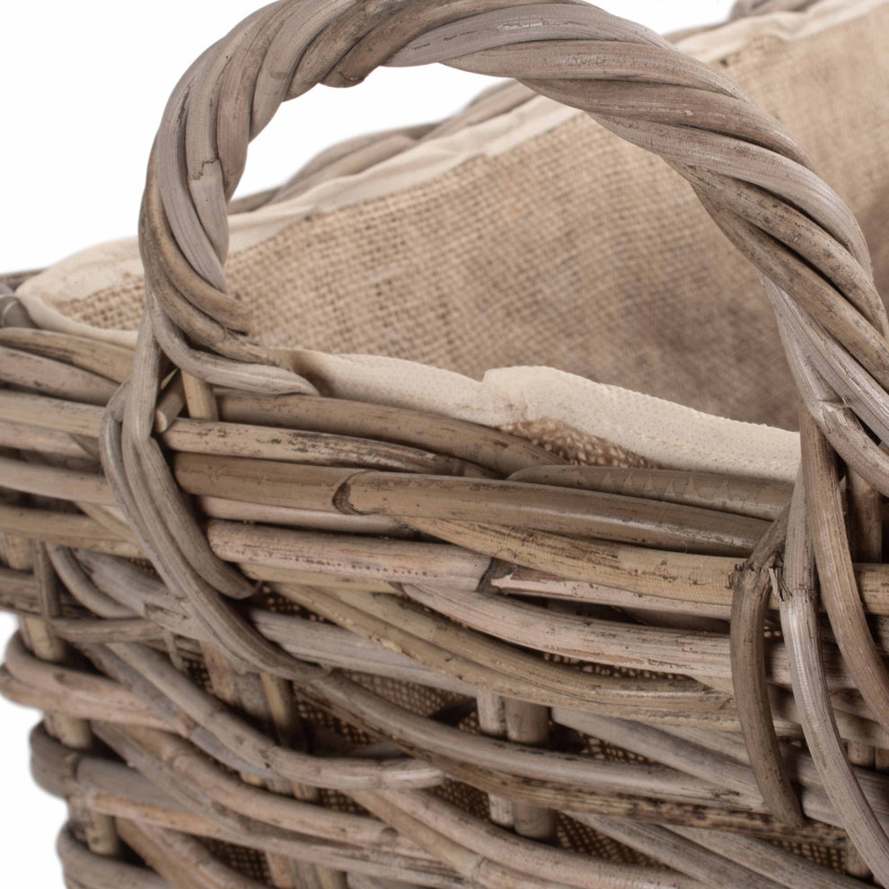 Small Wheeled Rattan Hessian Lined Log Basket & Wovenhill