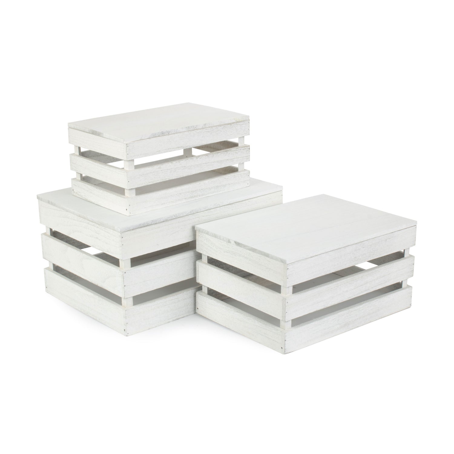 Vintage White Wash Slatted Wooden Box with Lid Set 3 & Wovenhill