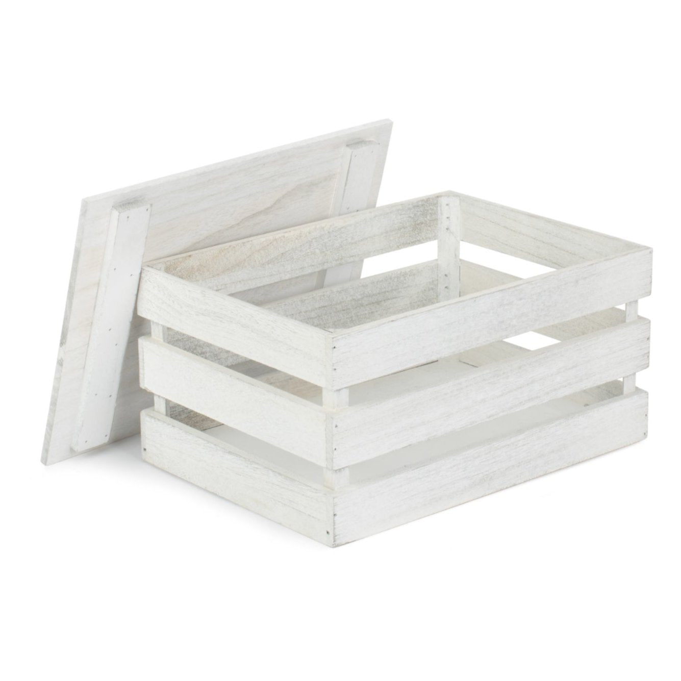 Medium Vintage White Wash Slatted Wooden Box with Lid & Wovenhill